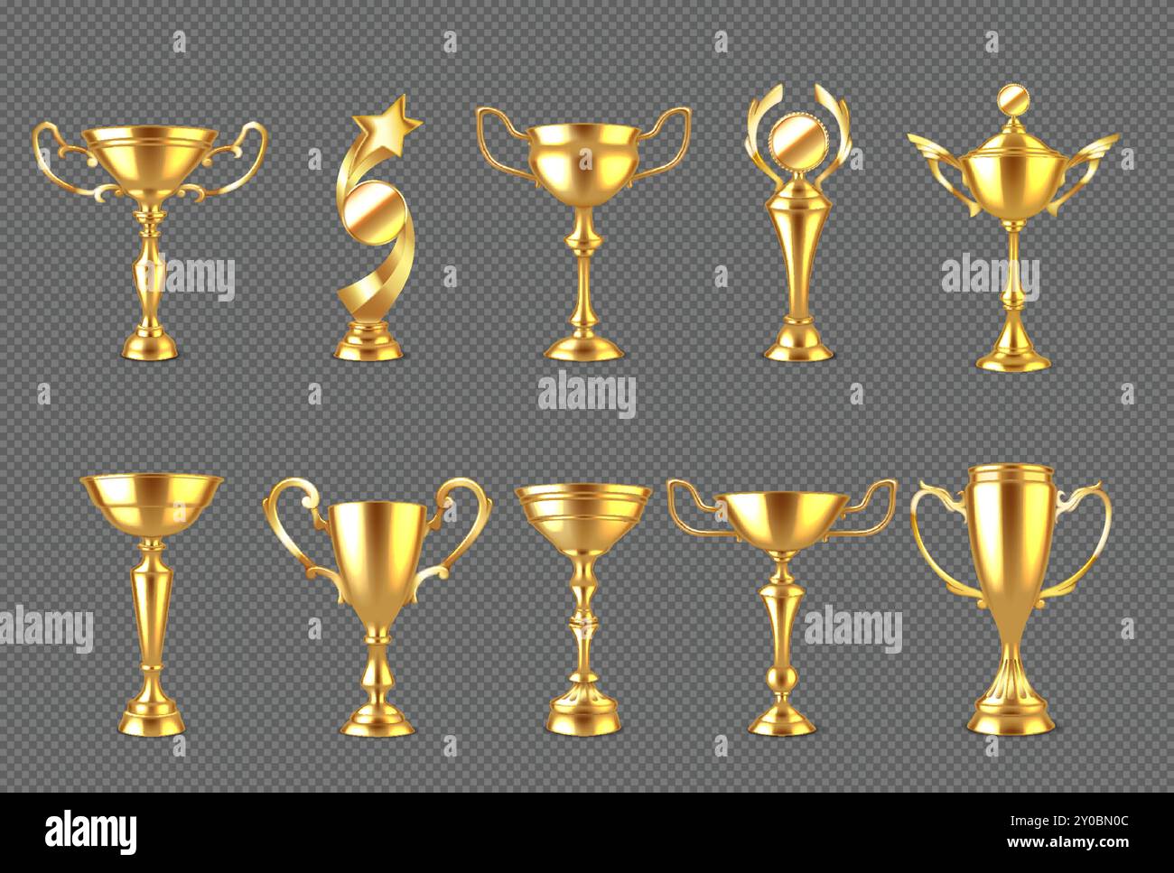 Champion award cups realistic vector illustration set. Win in ...