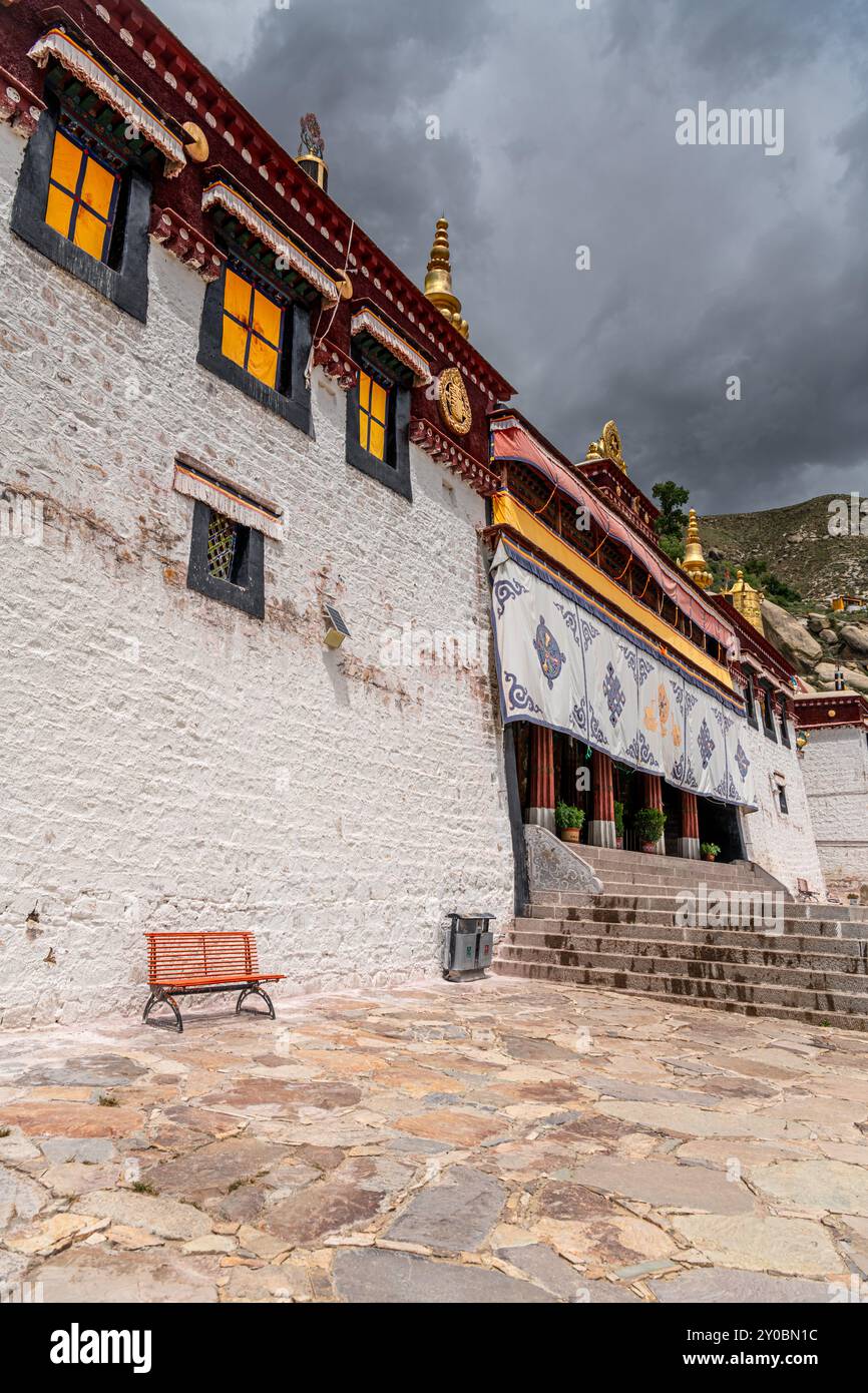 Architecture of white temples in Sera Monastery located in Lhasa, Tibet. Background with sunny ...