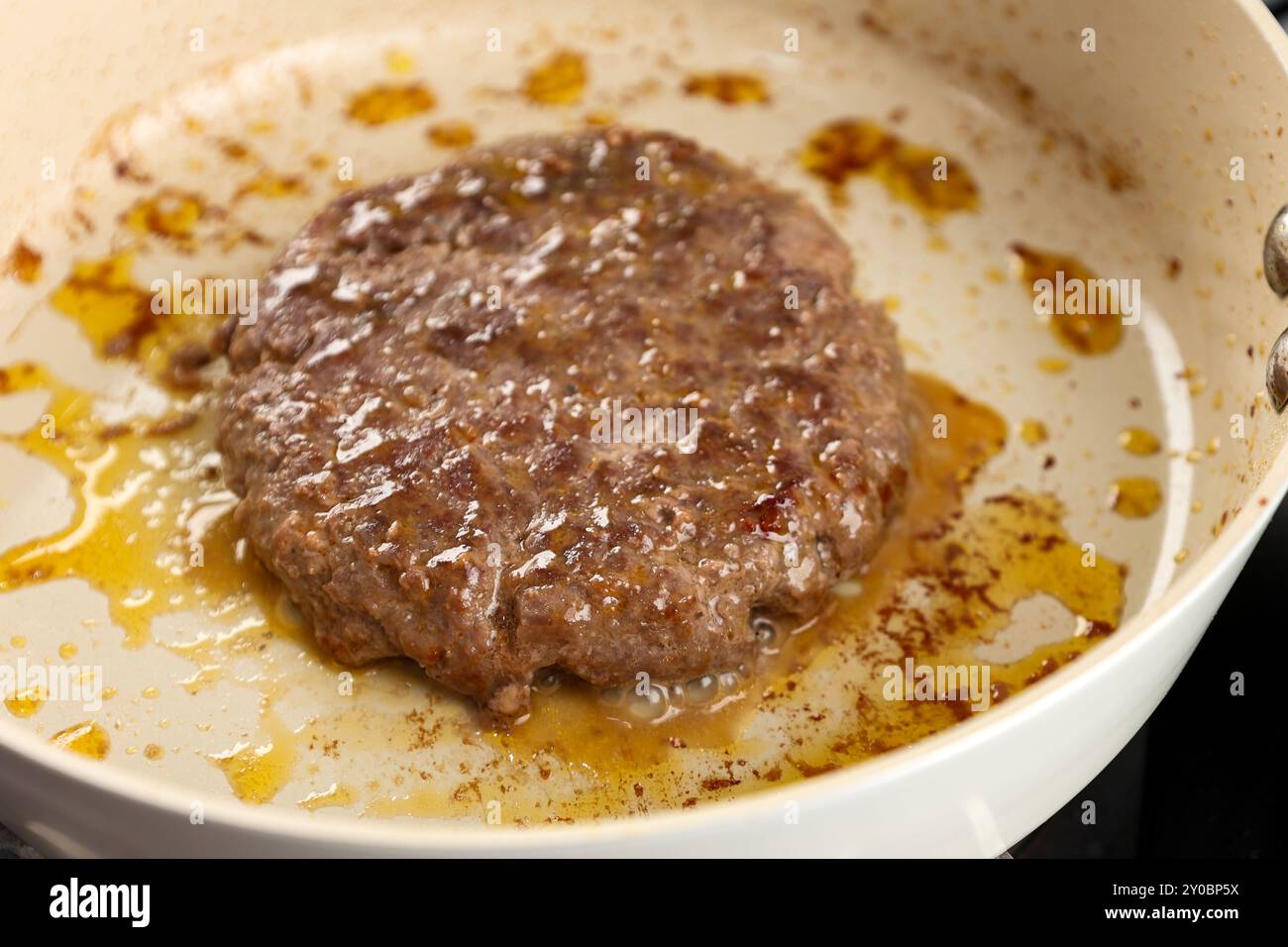 Close Up Cooking Burger Patty on White Non Sticky Pan, Making Homemade ...