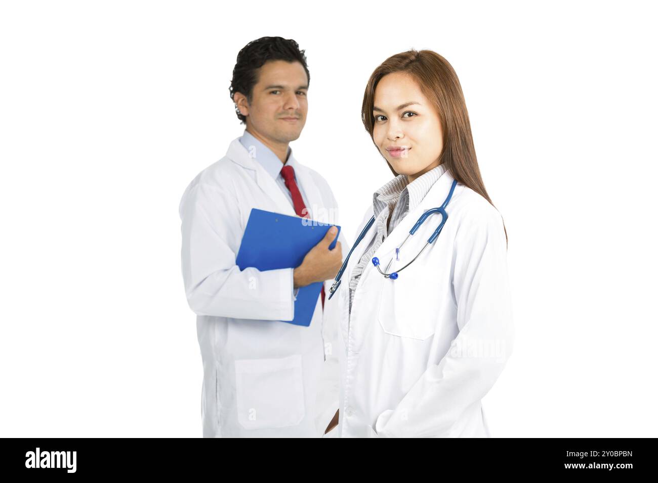 A beautiful confident Asian female, hispanic male doctors team smiling ...