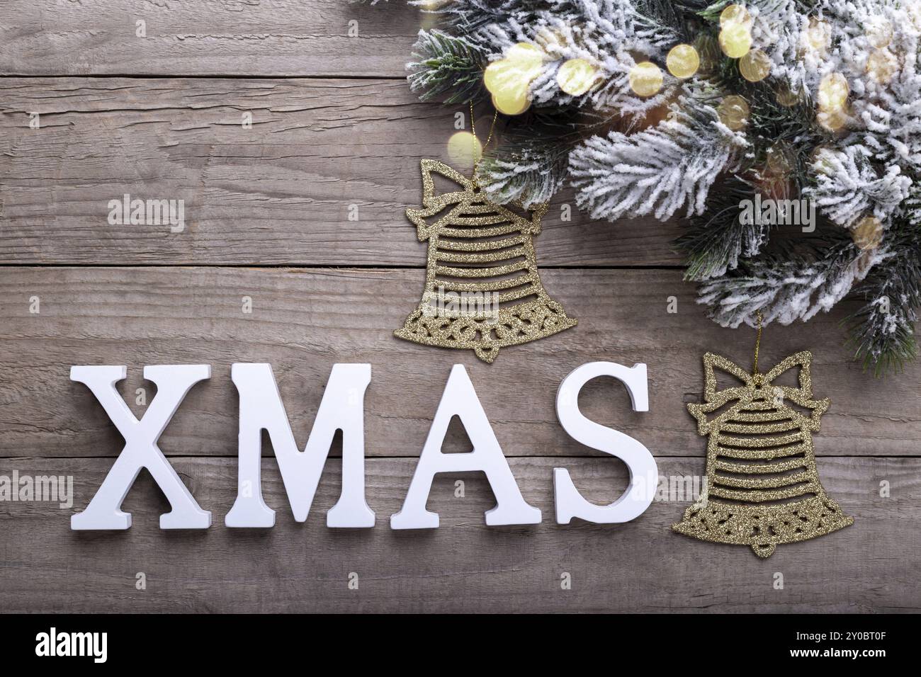 Christmas holidays background wooden letters pine tree branch covered ...