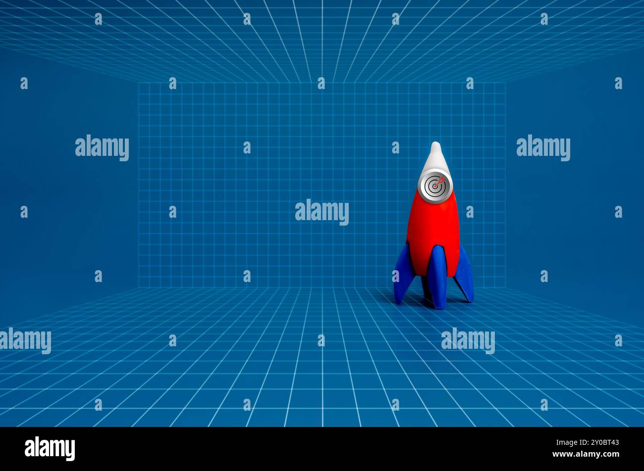 A 3d rocket is parking on blue room background with perspective net ...