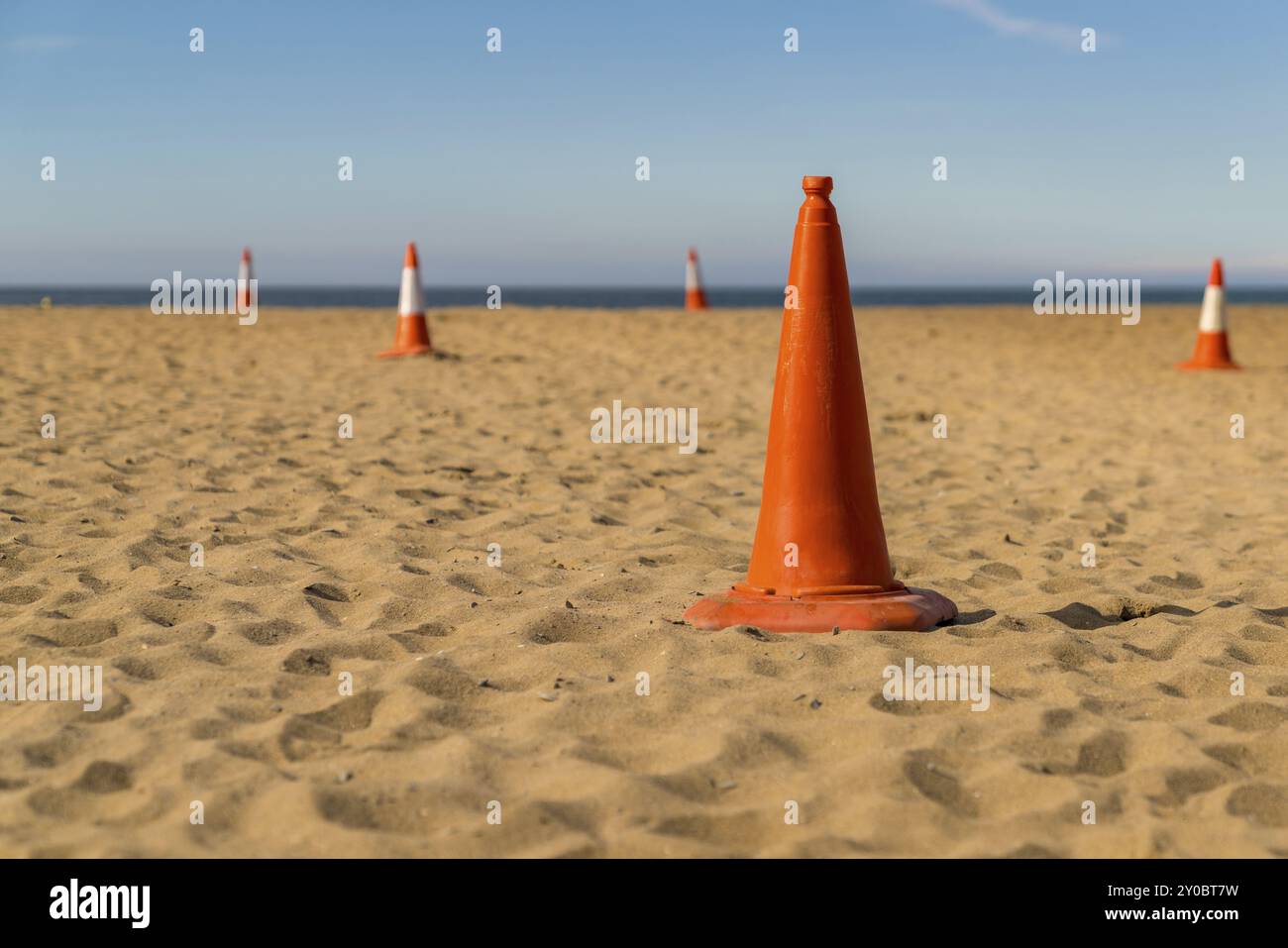 Pylons on the beach, seen in Aberporth Bay, Ceredigion, Dyfed, Wales ...
