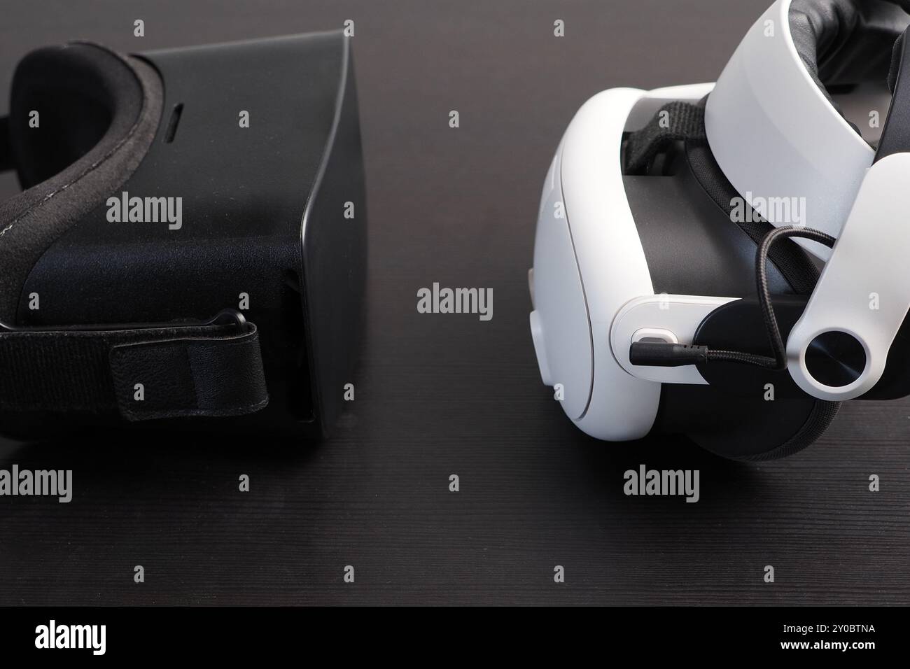 VR headset on pillow. Interacting with Augmented Reality lying on bed ...