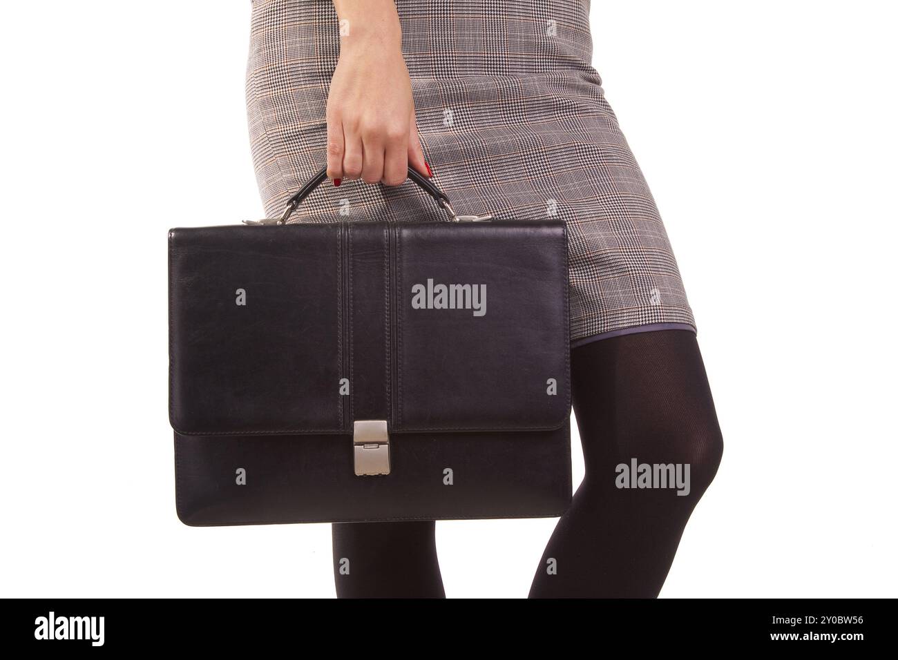 Woman and a black leather briefcase. Isolated on white Stock Photo - Alamy