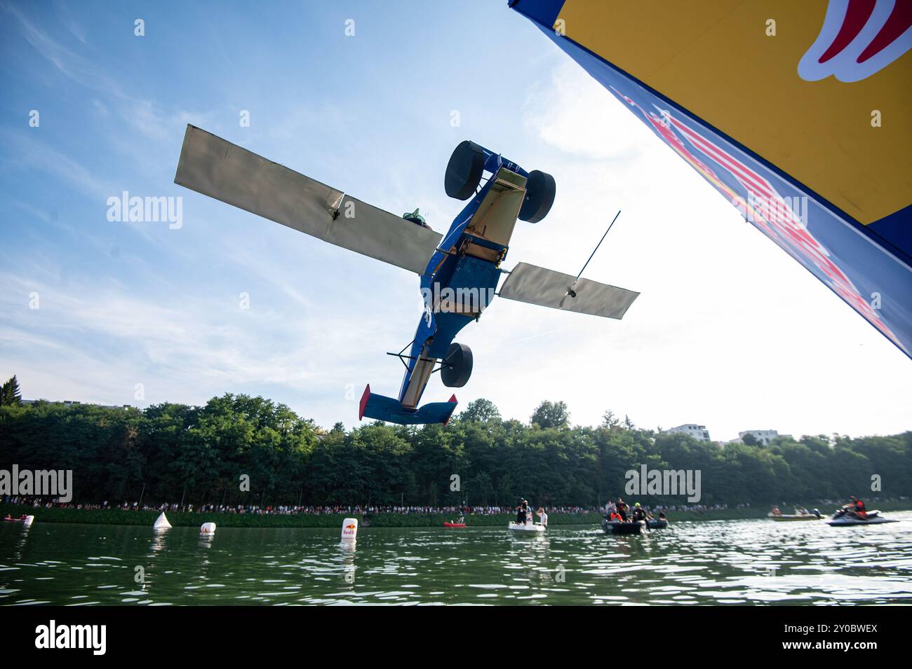 Competitor takes part in the Red Bull Flugtag competition at the Drava ...