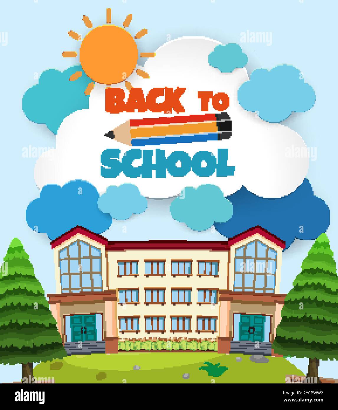 Colorful school building with trees and clouds Stock Vector Image & Art ...