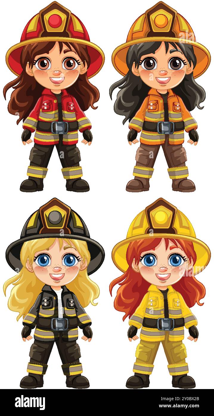 Four female firefighters in colorful uniforms Stock Vector Image & Art ...