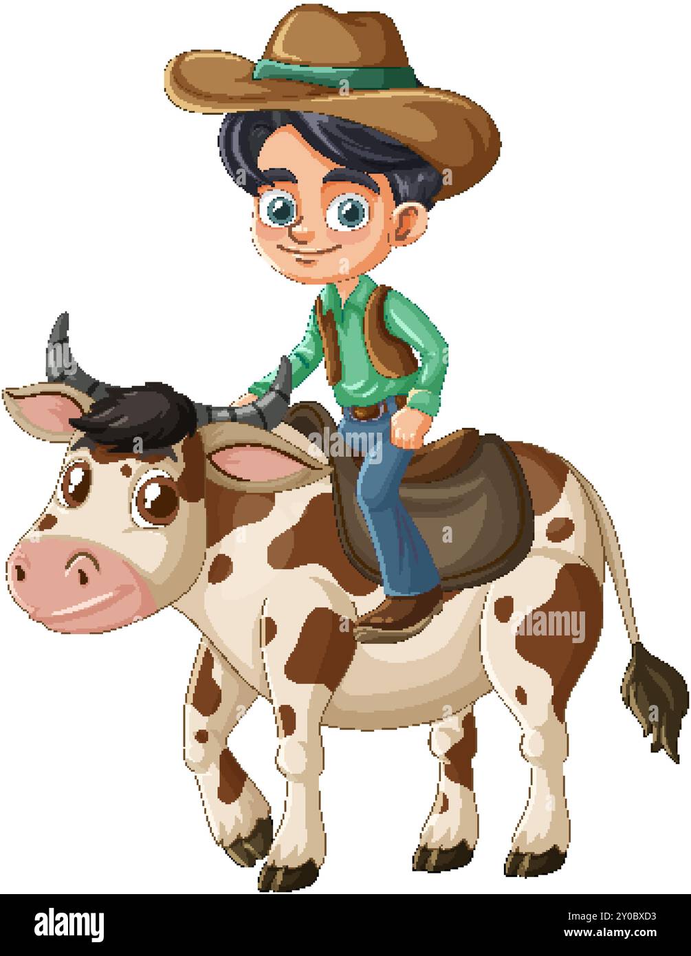 Young cowboy riding a friendly cow Stock Vector Image & Art - Alamy