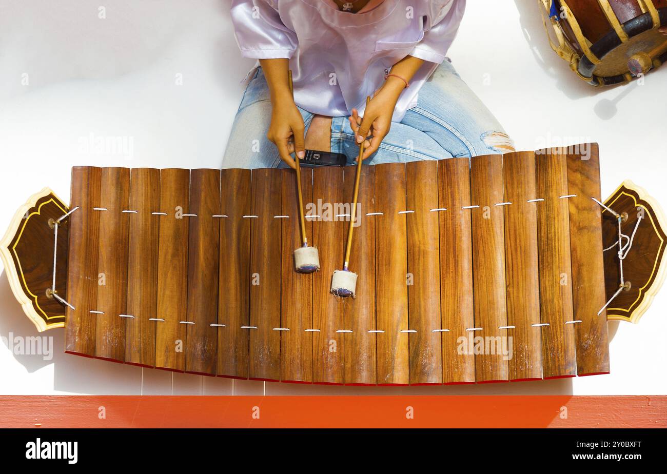 A traditional wooden Thai musical instrument, ranat ek, resembling a ...