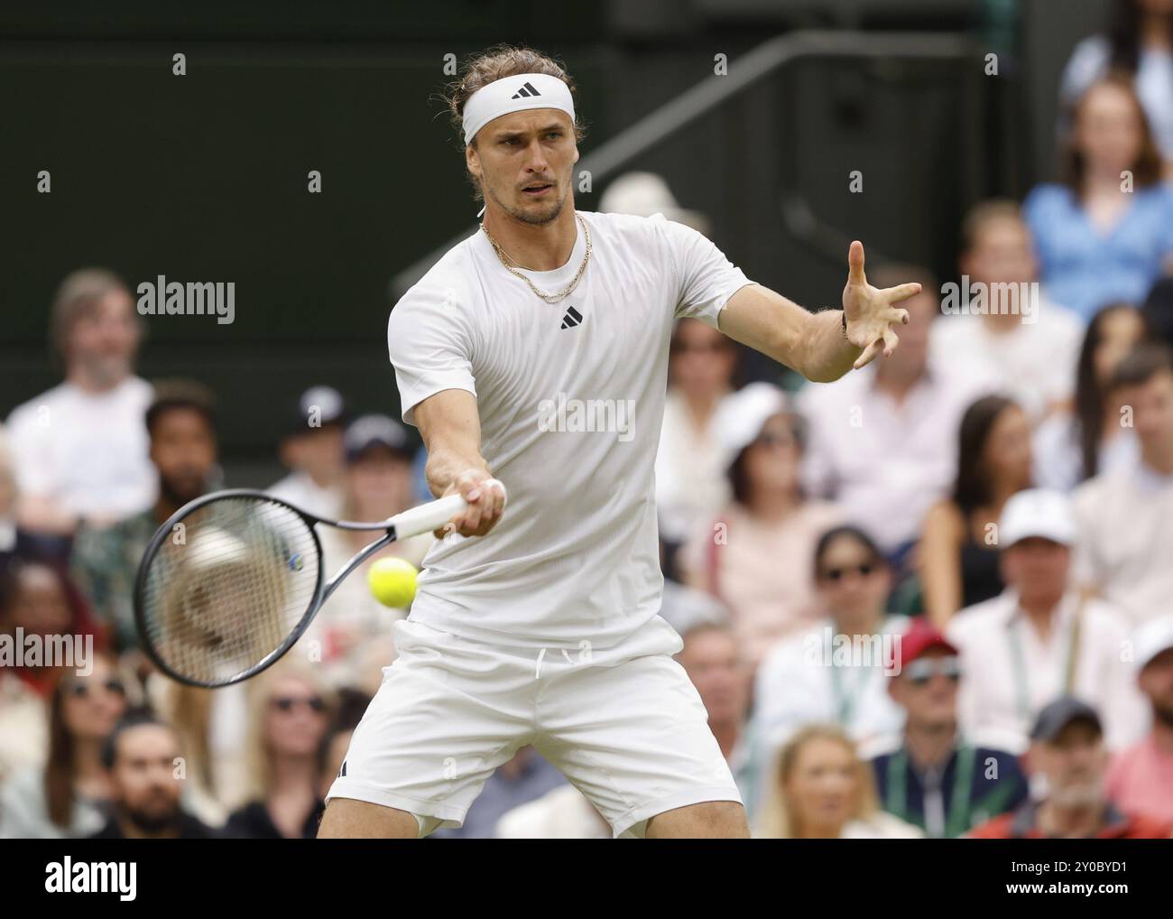 German tennis player Alexander Zverev in action at the 2024 Wimbledon Championships, London ...