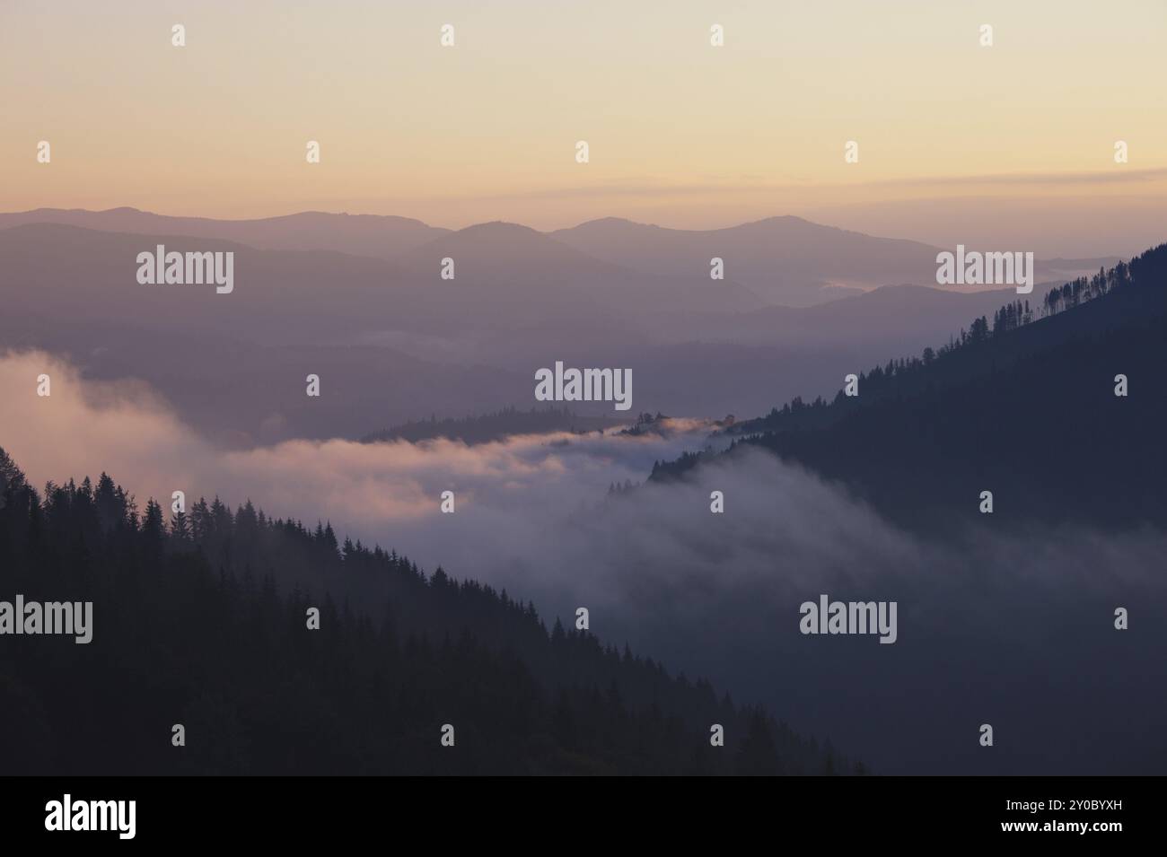 Foggy mountain valley sunrise. Great Smoky Mountain National Park ...