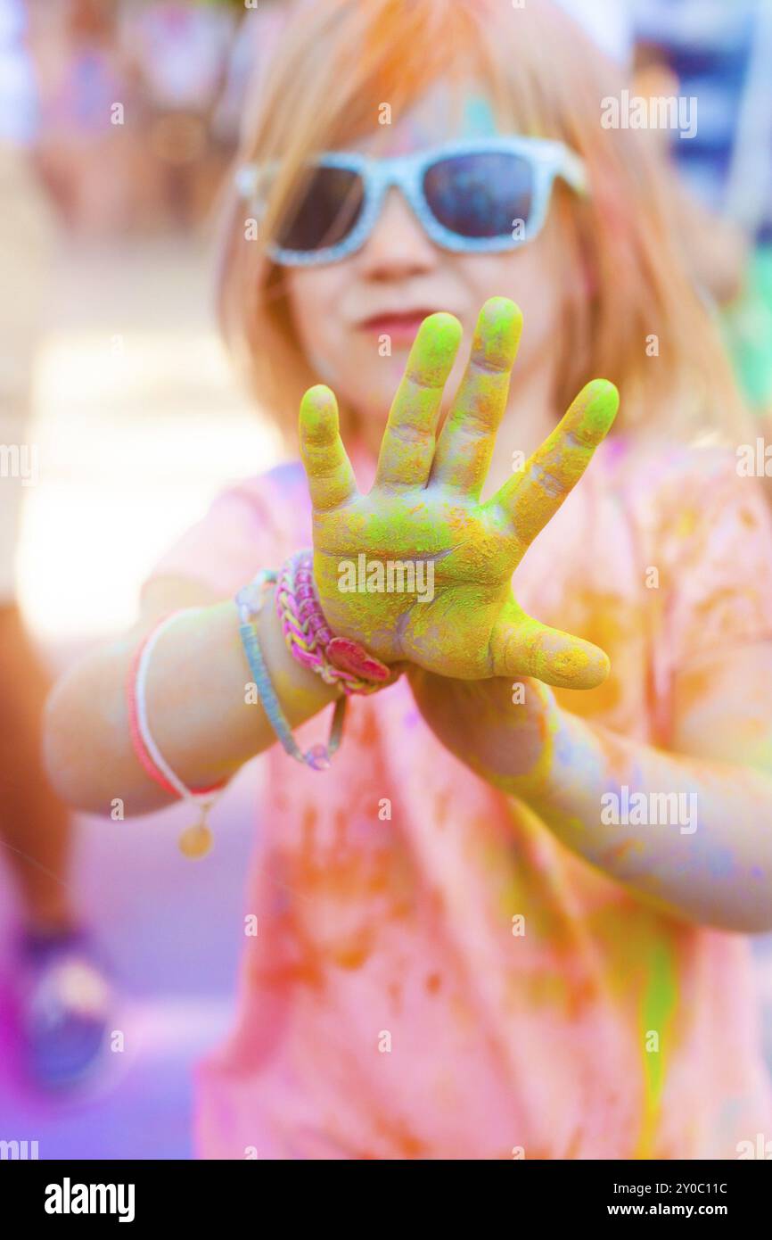 Portrait of happy cute litttle girl on holi color festival Stock Photo ...