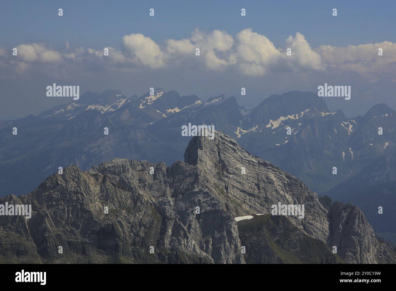 Layered rock of the Alpstein Range. Summer day in the Swiss Alps, view ...