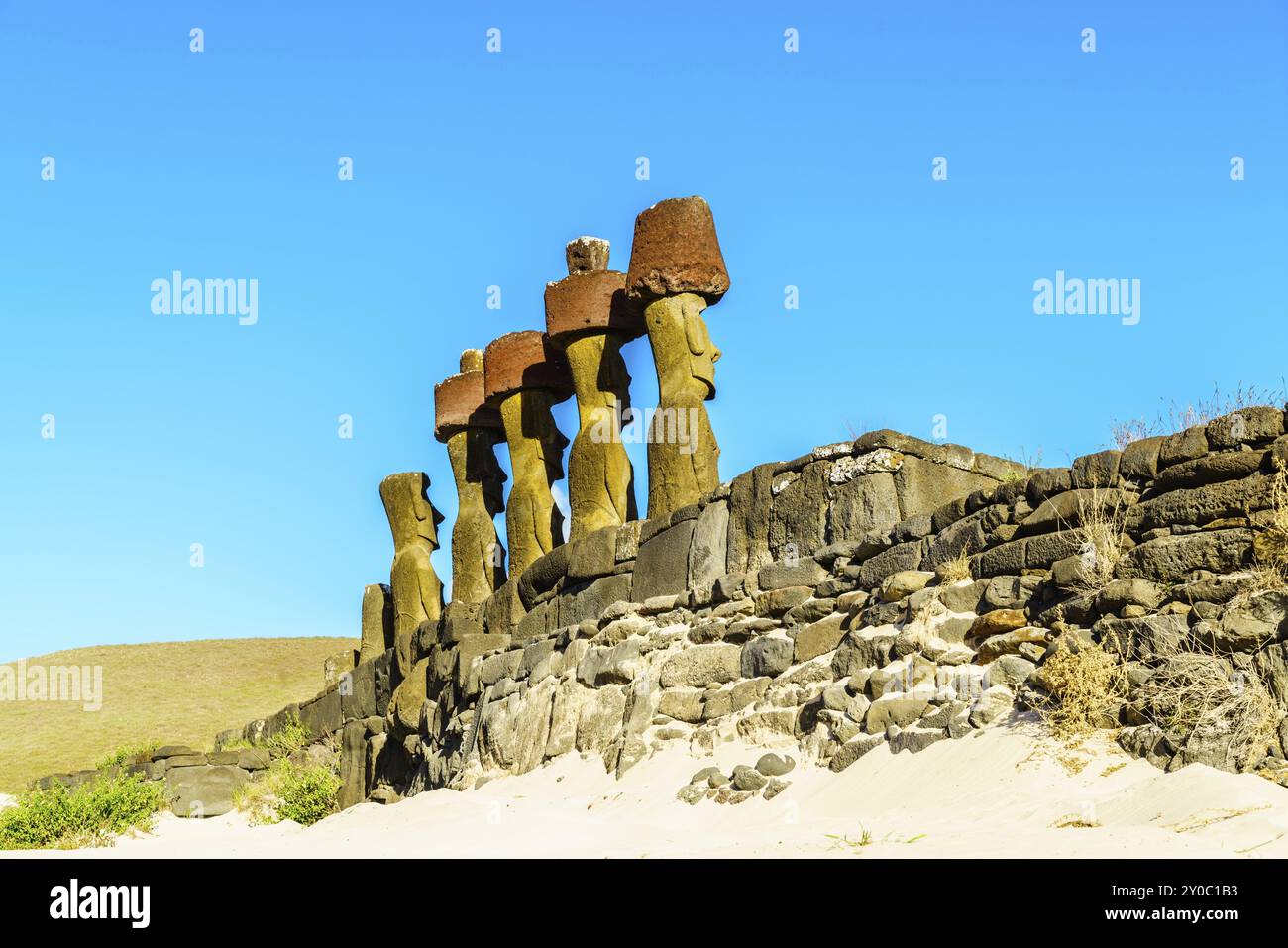 Moai at Ahu Nau Nau in Anakena Beach on Easter Island, Chile, South ...
