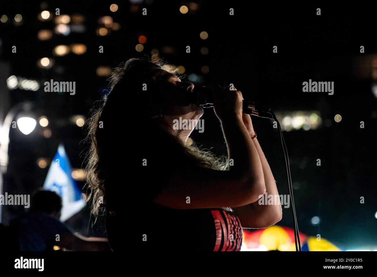 New York, USA, 1 September, 2024: Shira Averbuch sings as activists ...