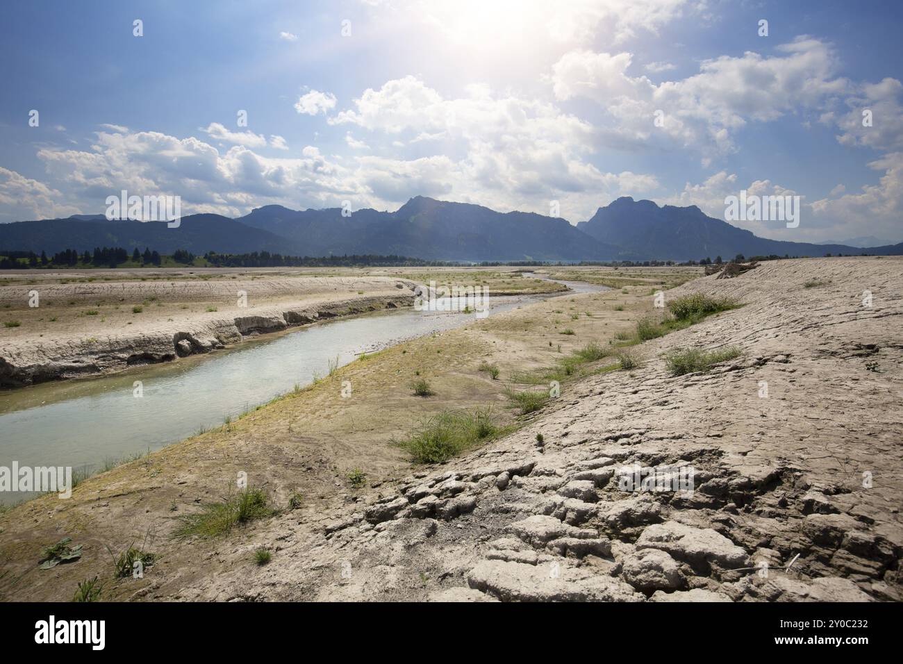 The Lech in the waterless Forggensee in Ostallgaeu, Germany, Europe ...