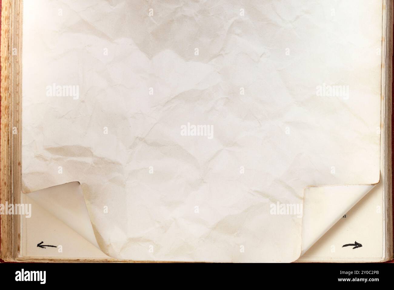 Vintage book with yellowed crumpled pages, and bent corners, back and ...