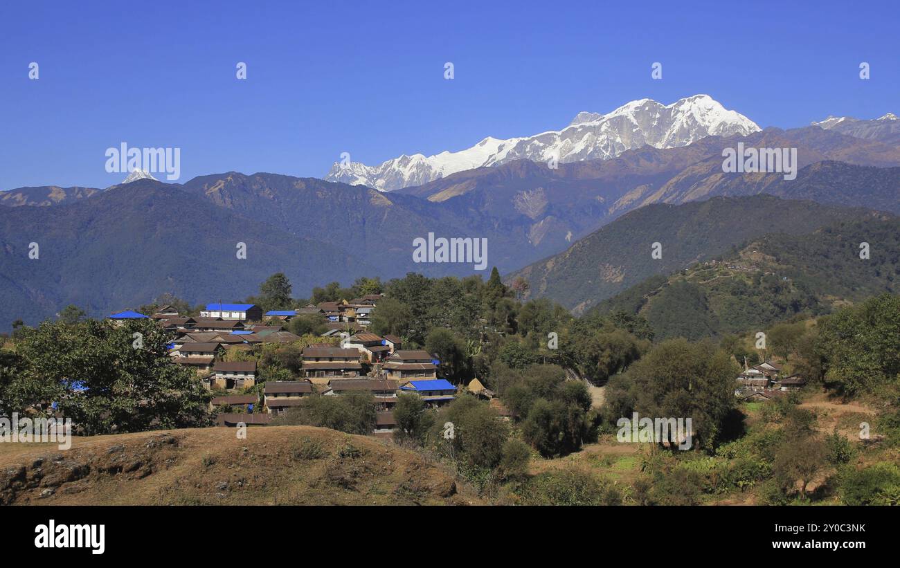 Gurung village Ghale Gaun and snow capped Annapurna range, Nepal ...