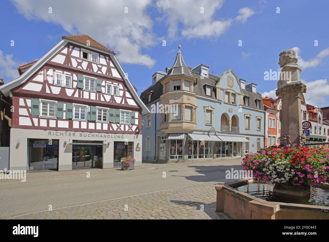 Half-timbered house, Art Nouveau house and fountain with sculpture ...