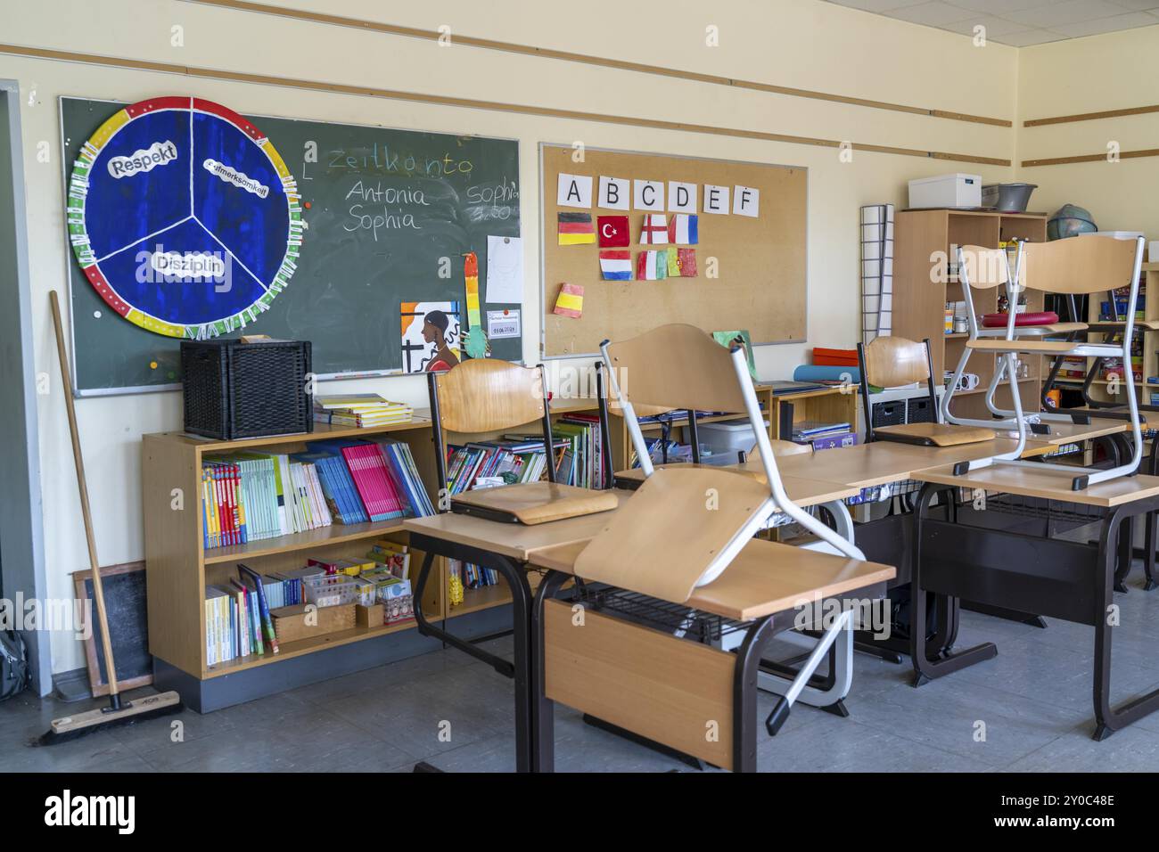 Classroom of a fourth grade, after school, the building is older but in ...
