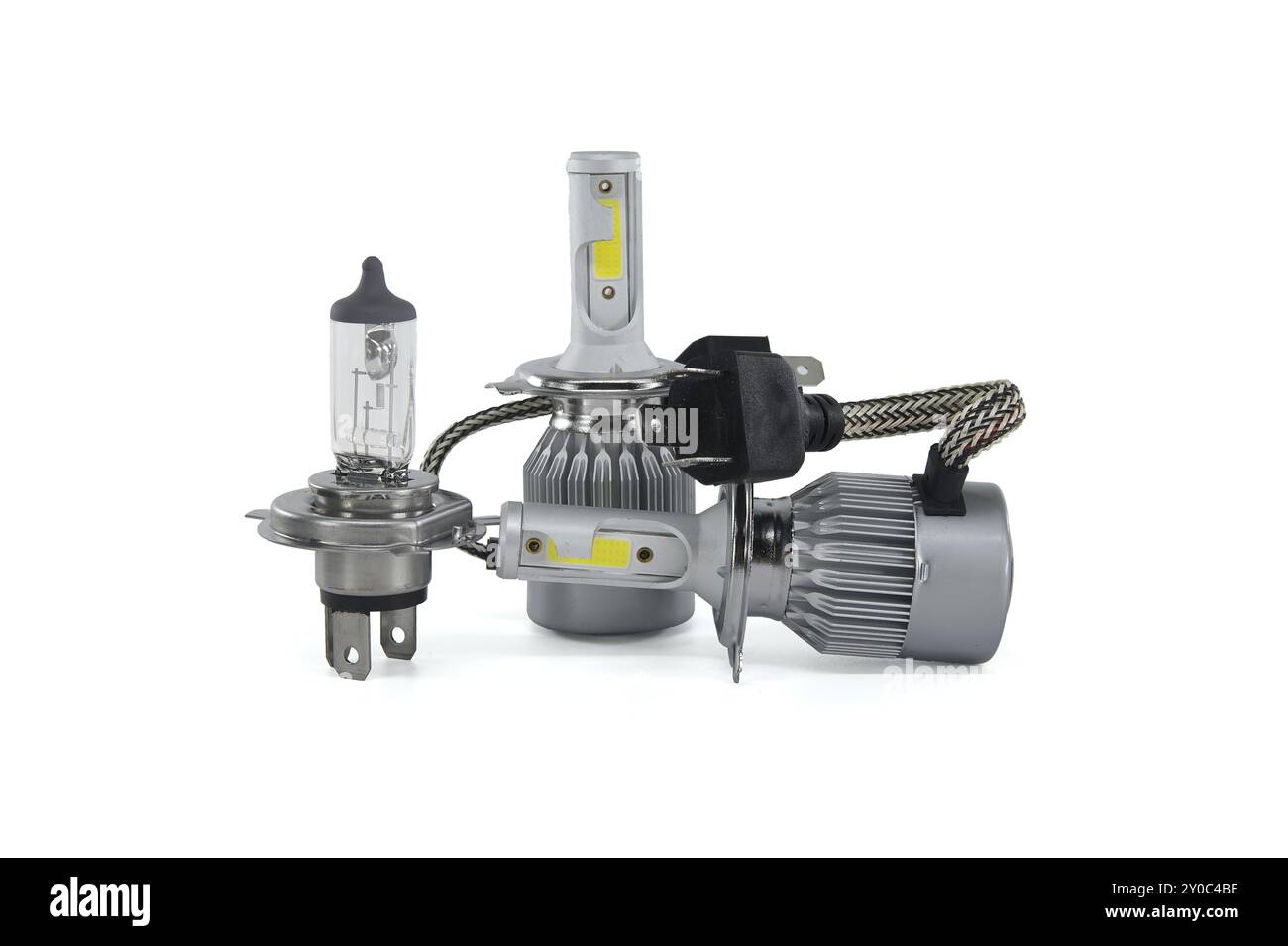 H4 halogen lamp and LED headlight bulbs isolated on white background ...