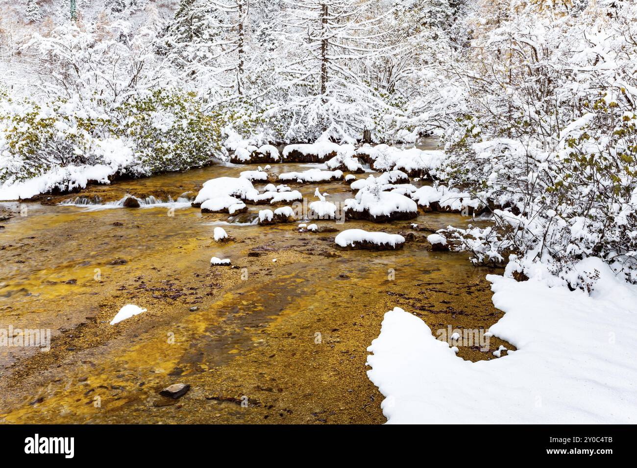 Landscape of frozen stream in Huanglong, Sichuan, China, Asia Stock ...