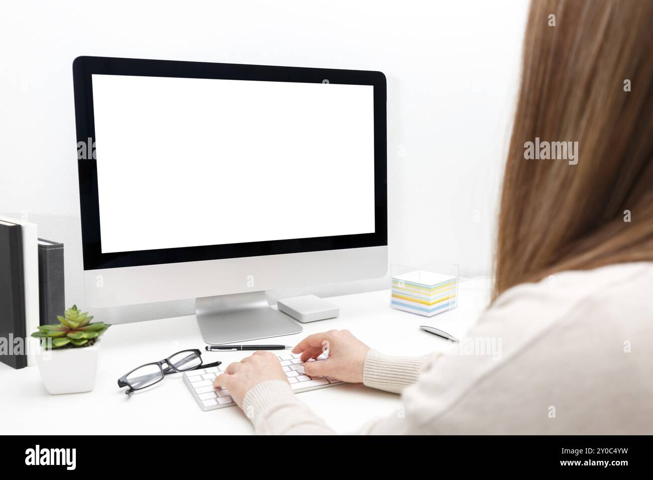 Business woman, freelancer or blogger using computer, typing, blank ...