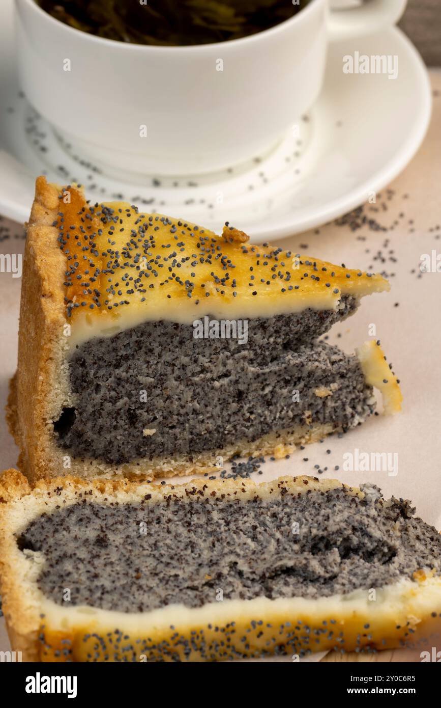 a cut piece of cake with poppy seed filling, a thick layer of poppy ...