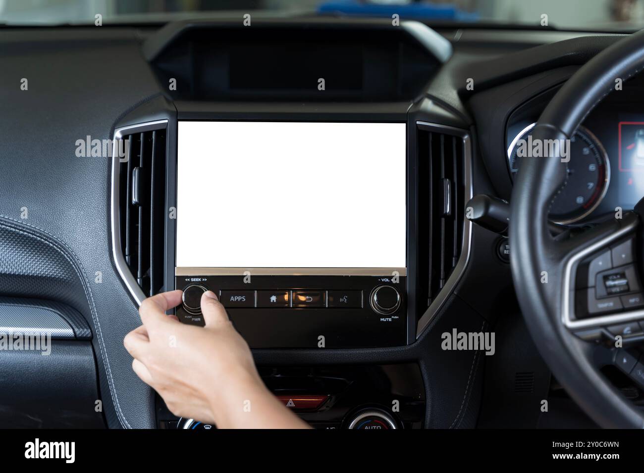 Blank white screen in the head unit of a luxury car, car head up ...