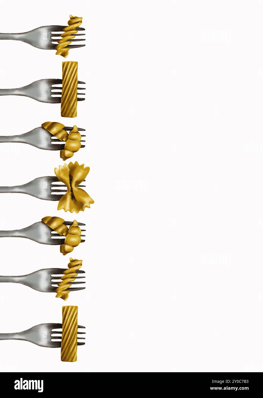 Fusilli Pasta on a fork. And other types of pasta. The fork is depicted ...