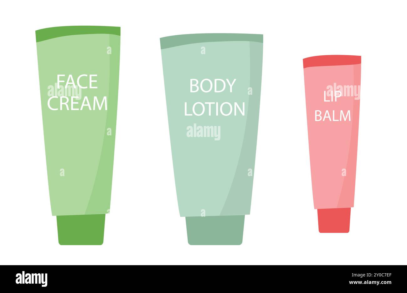 Illustration of three cosmetic tubes labeled face cream, body lotion ...