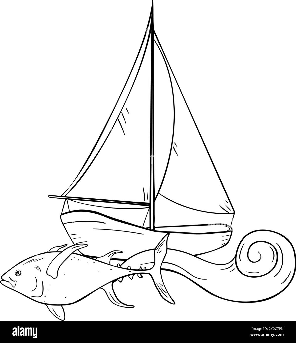 Sailing boat on curly wave black and white vector illustration isolated ...