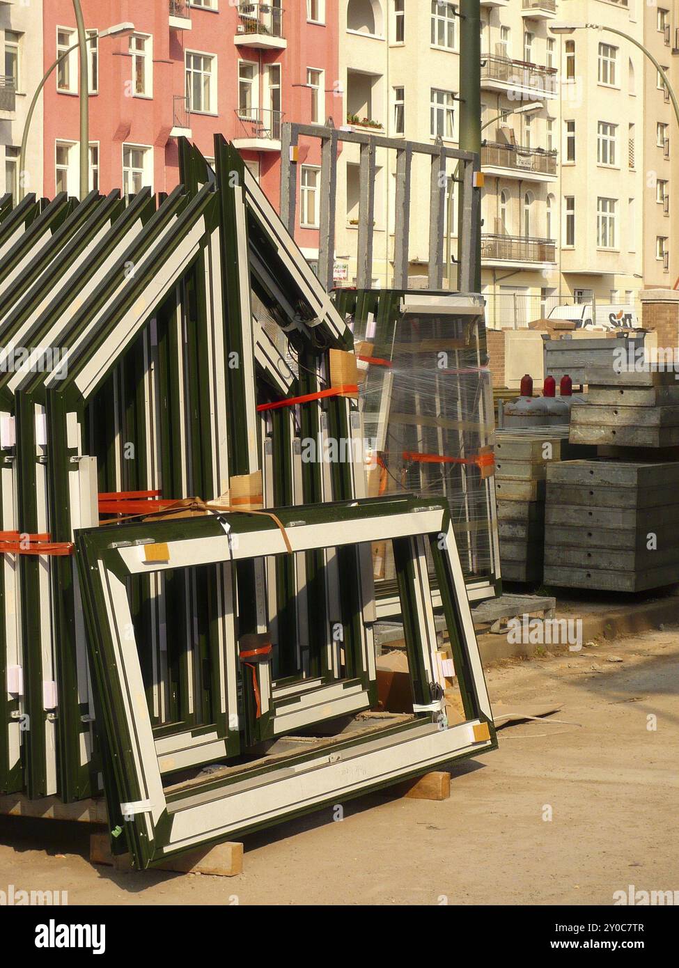 Insulating glass windows at a construction site ready for fitting Stock ...