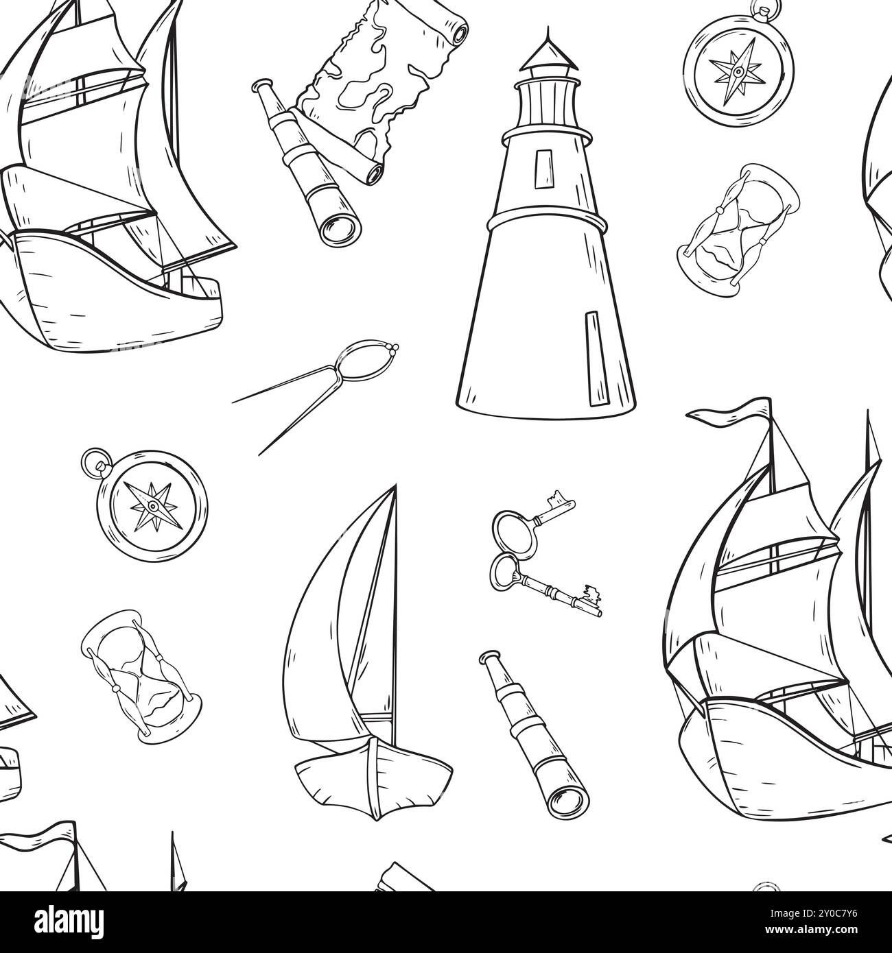 Ship, lighthouse and map vector seamless pattern monochrome isolated ...