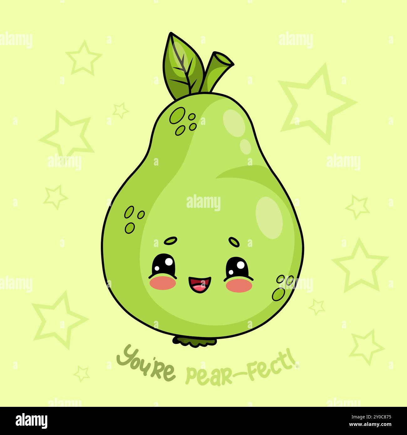 Cute green pear. Cartoon funny kawaii fruit character. Cool card with ...