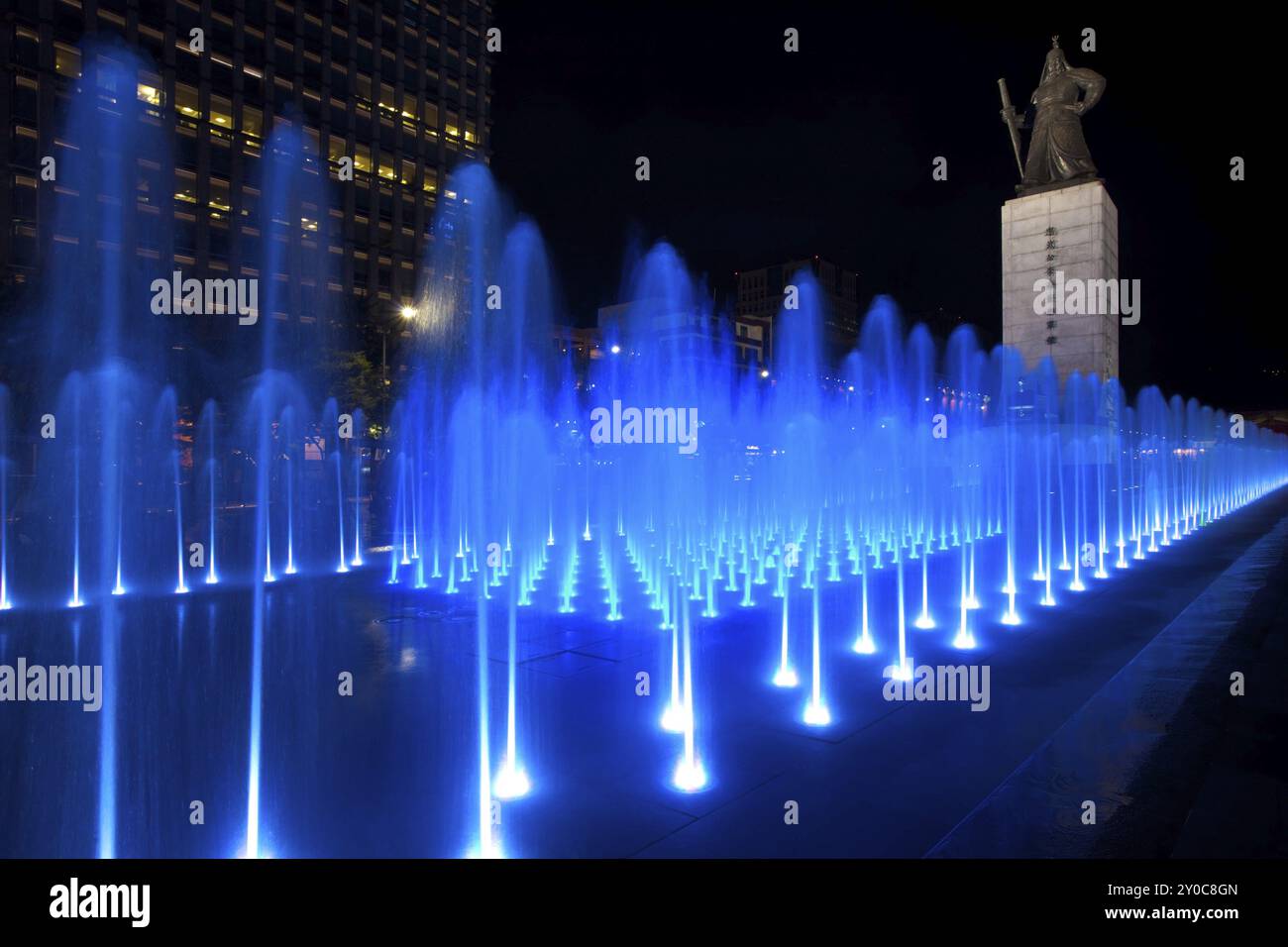 A beautifully colored fountain illuminates the Admiral Yi Sun-Sin ...