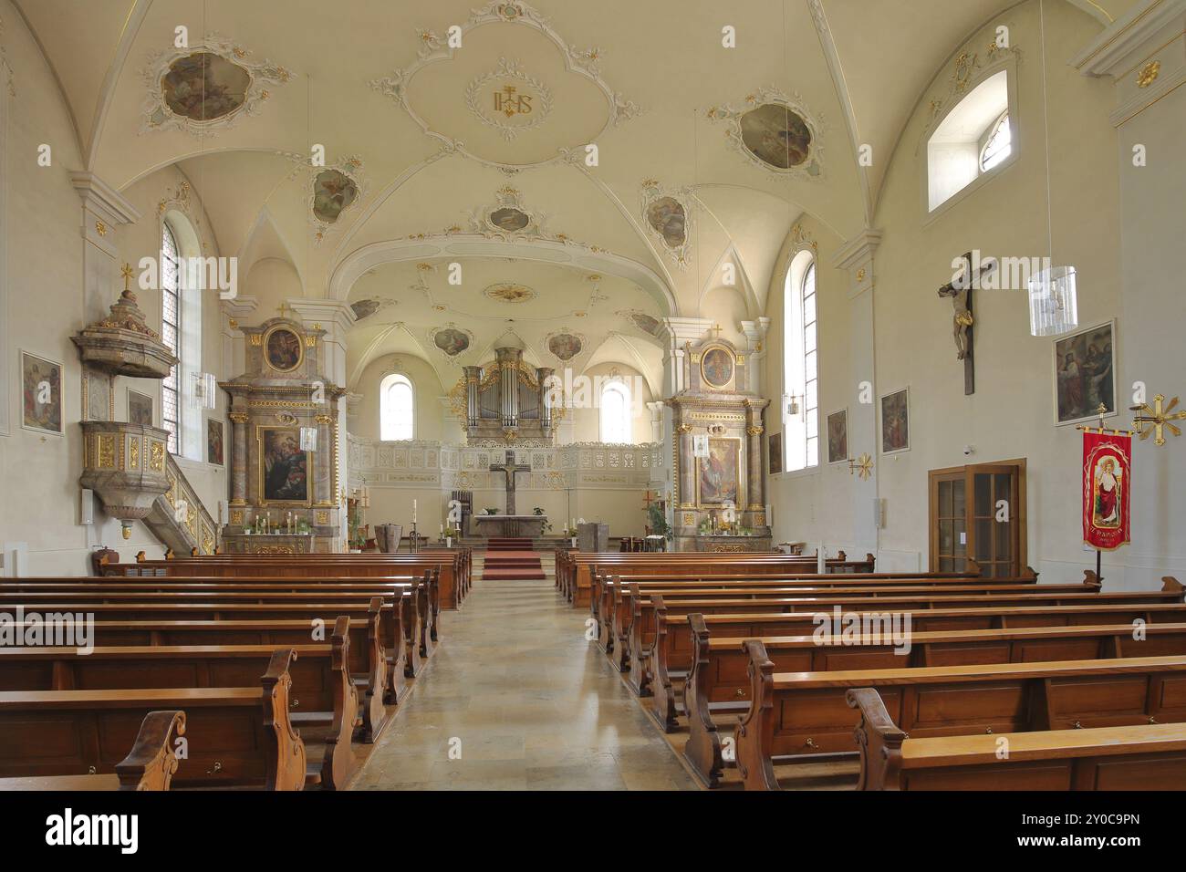 Interior view of the town church of St. Symphorian, pulpit, altar ...