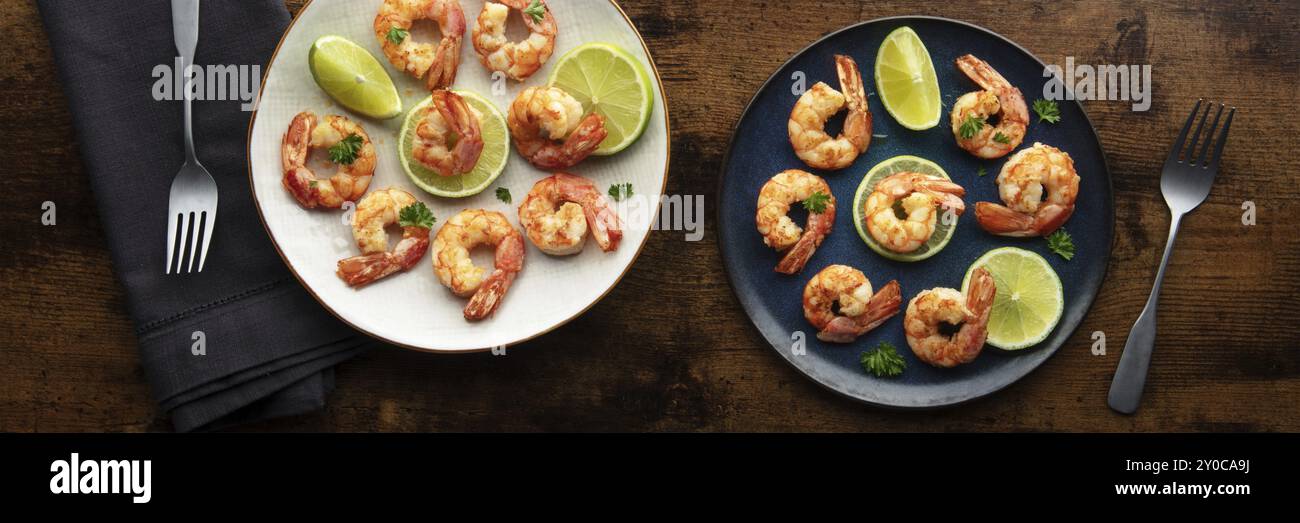 Shrimps panorama. Cooked shrimp, two plates, overhead flat lay shot ...