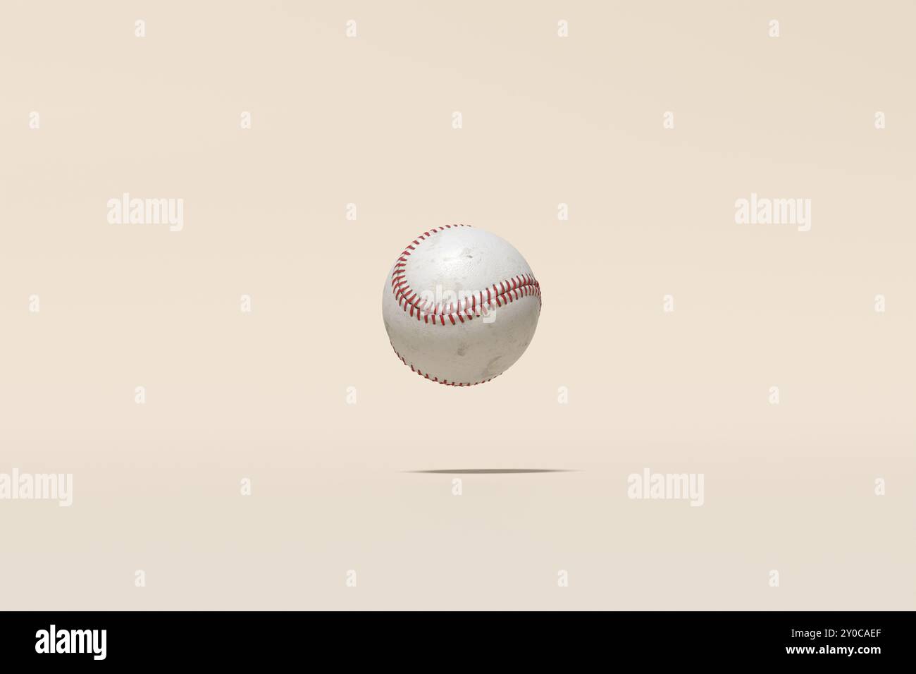 White leather baseball with red stitching is floating on a minimal ...