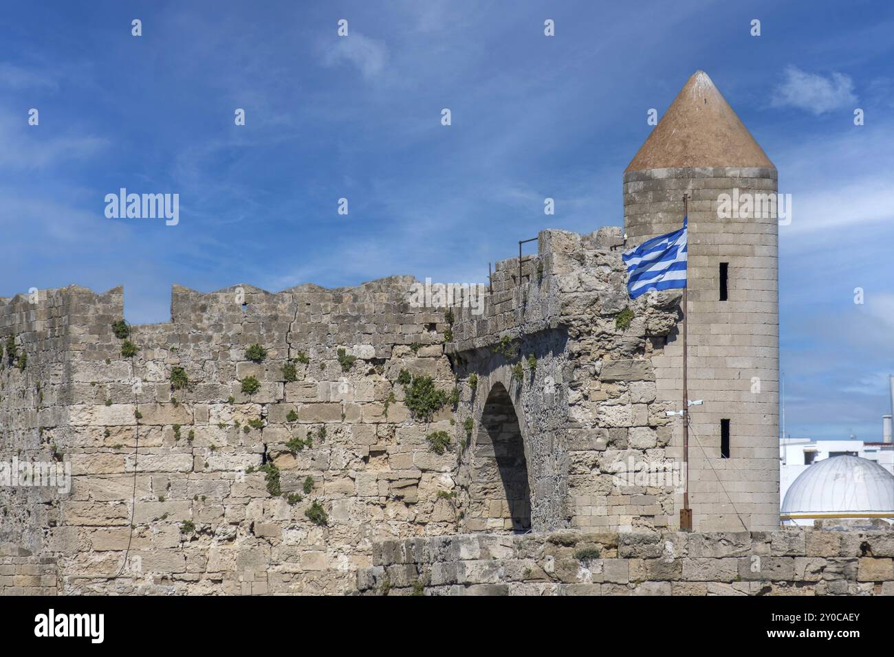 Historic fortress walls, De Naillac Tower, Rhodes Town, Rhodes ...
