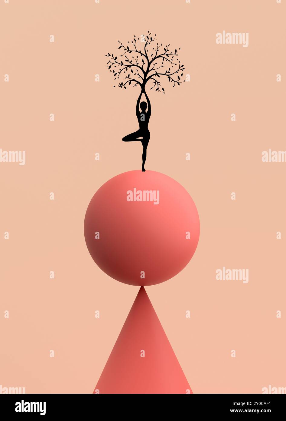 Silhouette of a woman practicing yoga tree pose on a sphere balanced on ...