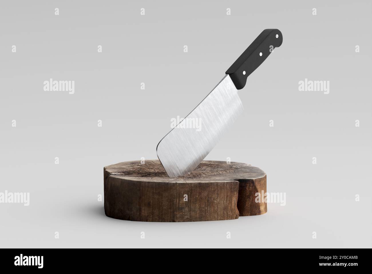 Large sharp meat cleaver sticking out of a rustic wood cutting board on ...
