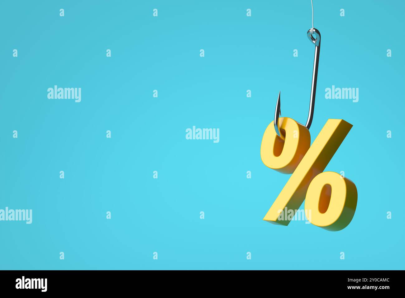 Yellow percentage sign dangling from a fishhook against a vibrant blue ...
