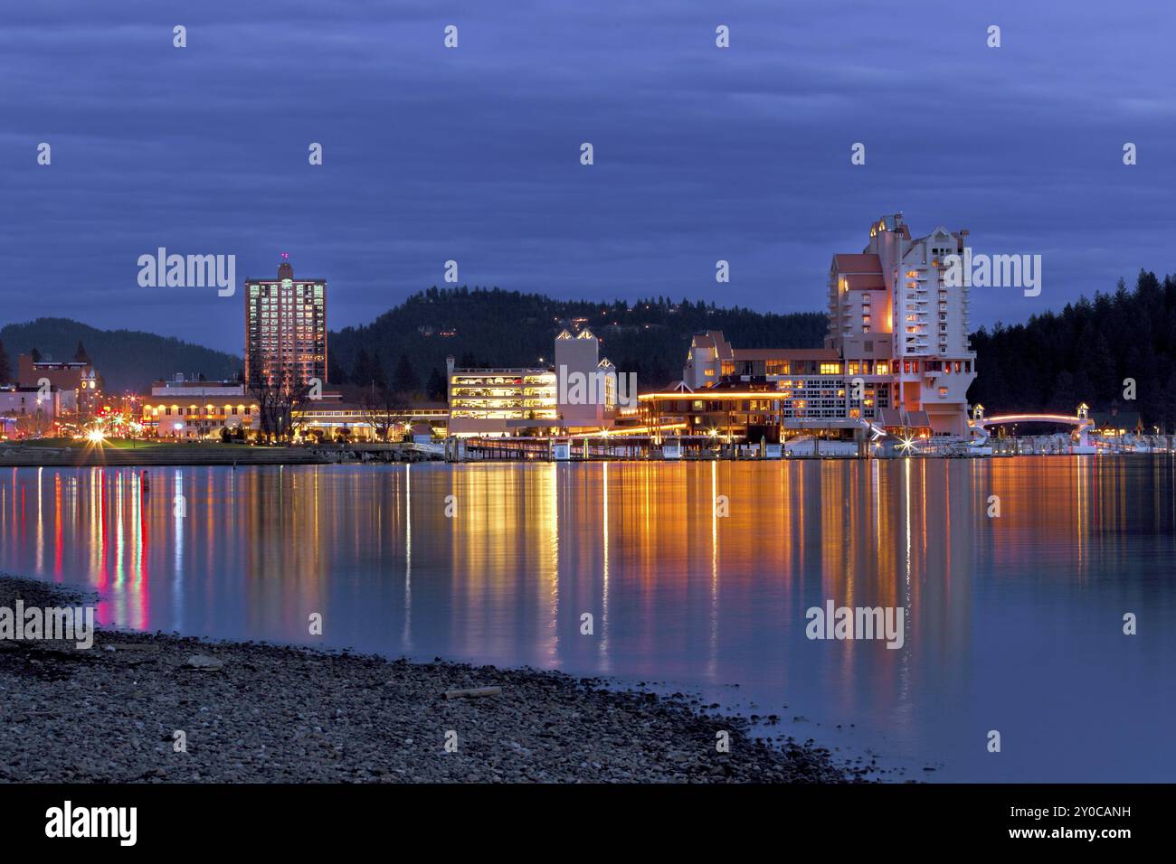The view of downtown Coeur d'Alene early in the evening from the beach ...