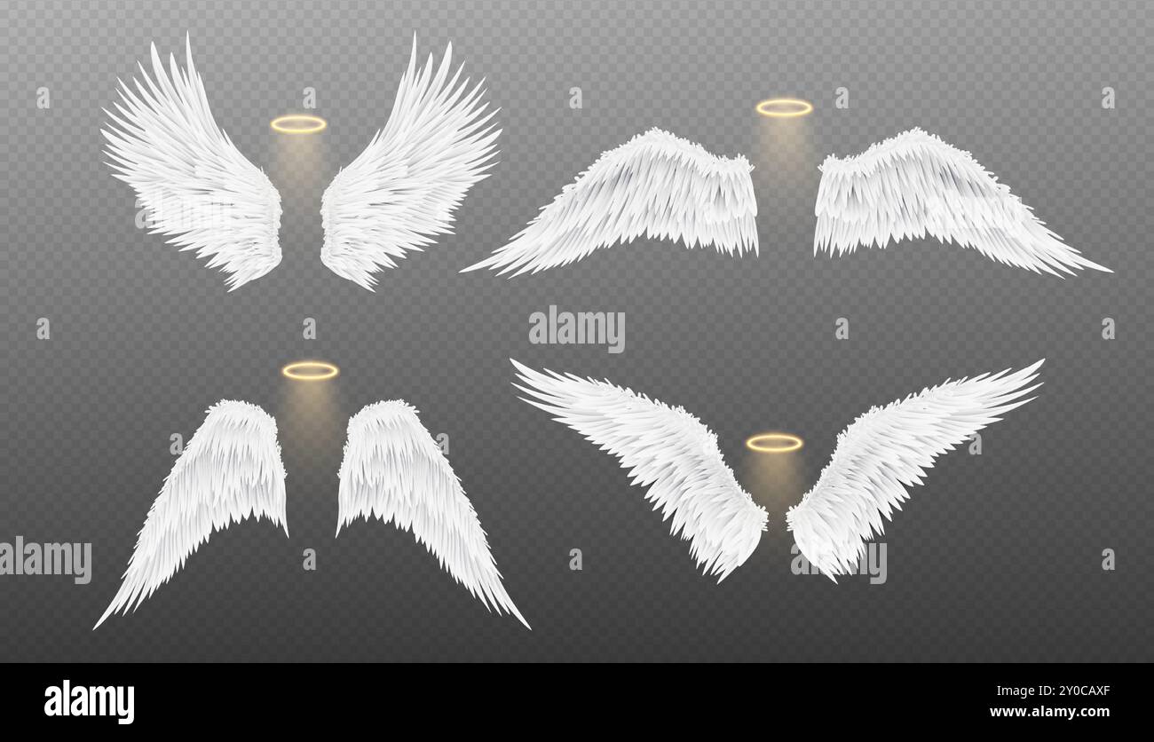 White realistic angel wings with glowing halo on transparent background. 3d vector illustration ...