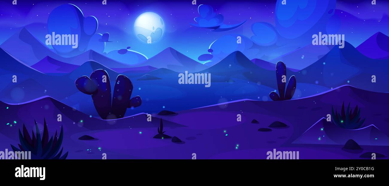 Desert landscape with sand dunes, cactus and grass at night under moon ...