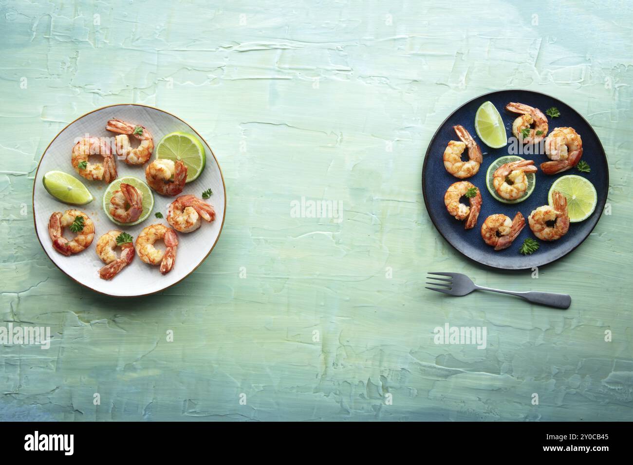 Shrimps, overhead flat lay shot with copy space. Cooked shrimp with ...