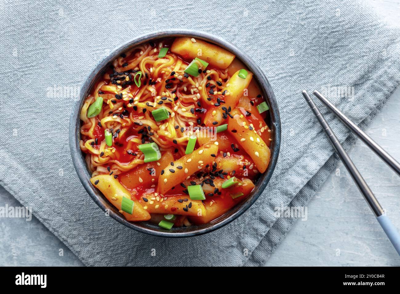 Rabokki, tteokbokki or topokki with ramen, Korean street food, spicy ...