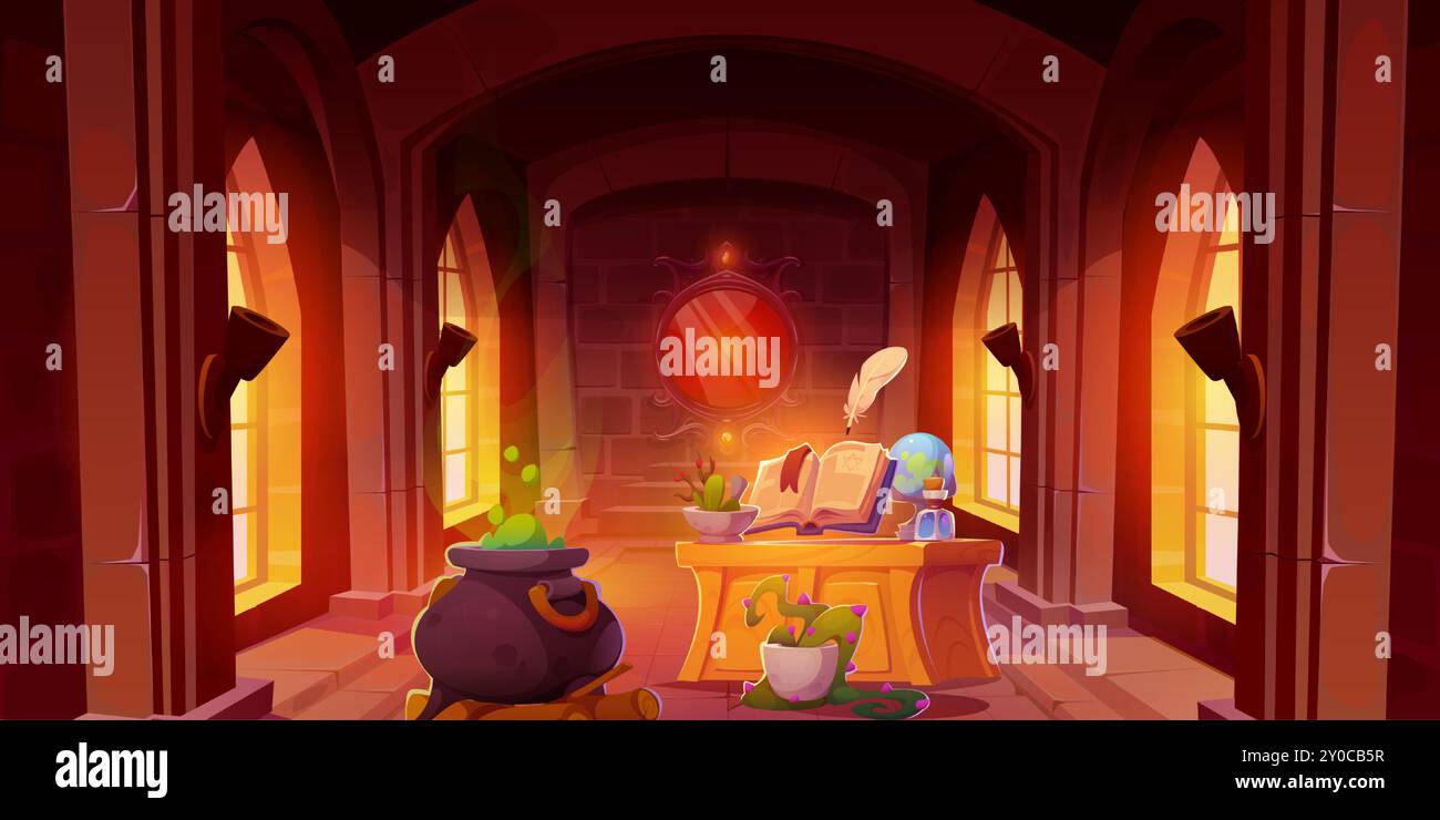 Potion boiling in witch cauldron in castle room. Vector cartoon ...